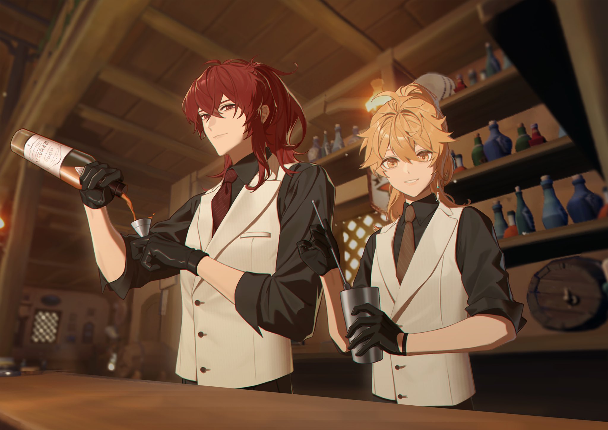 Safebooru - 2boys aether (genshin impact) alternate costume alternate hairstyle bar bartender ...
