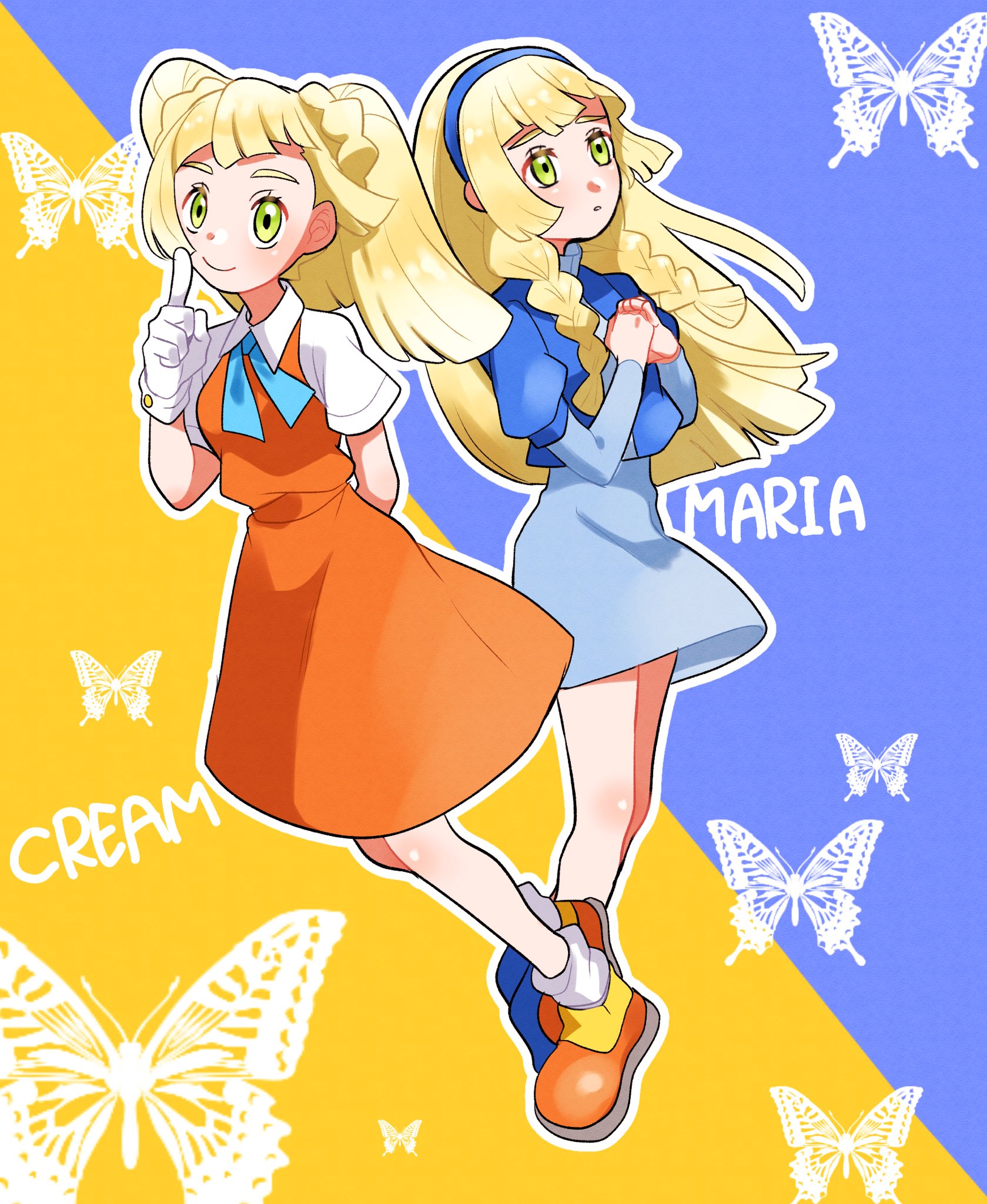 Safebooru - 2girls aria pkmn bangs blonde hair blue dress blue hairband blue ribbon body blush ...