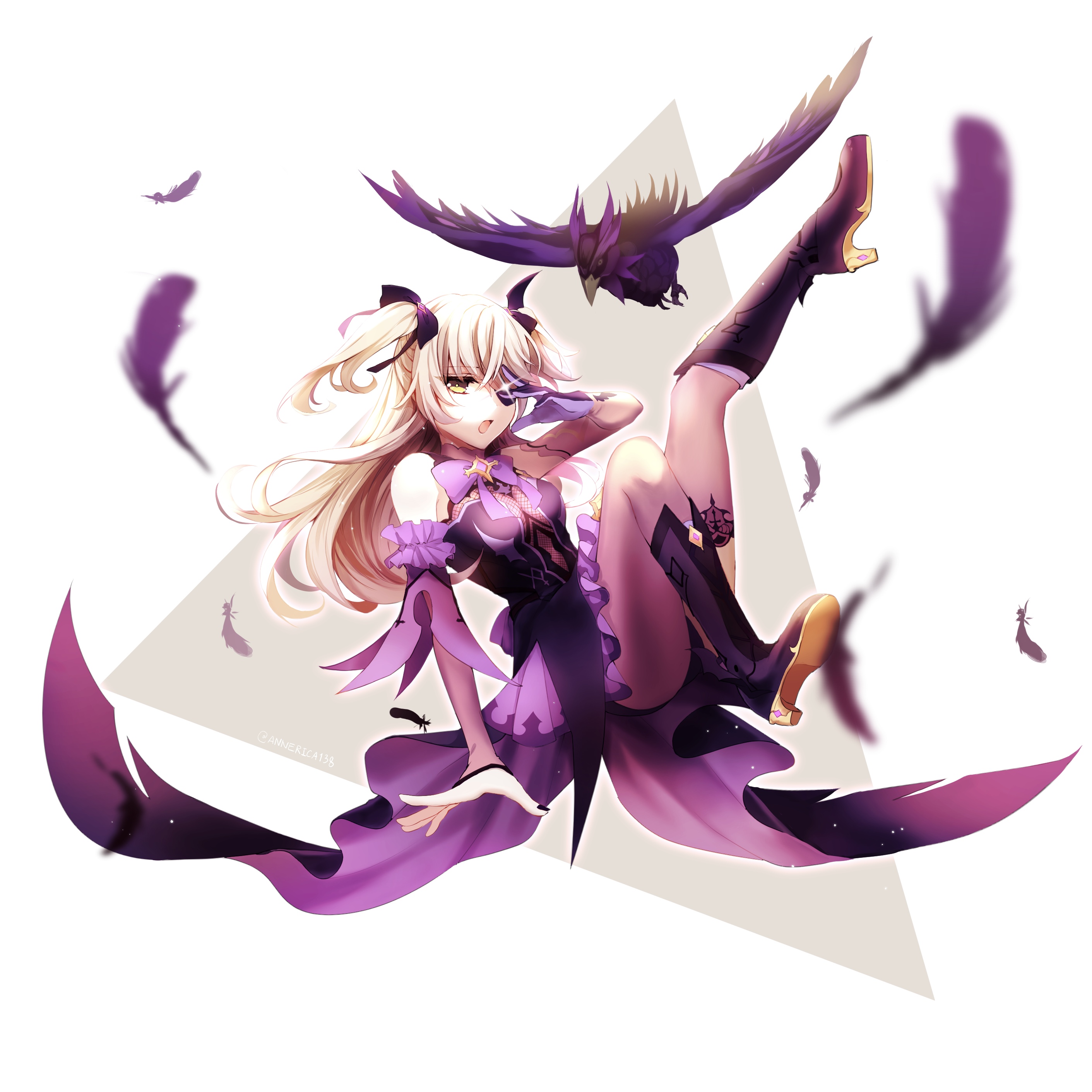 Safebooru - 1girl absurdres annerica artist name bare shoulders bird black feathers black ...