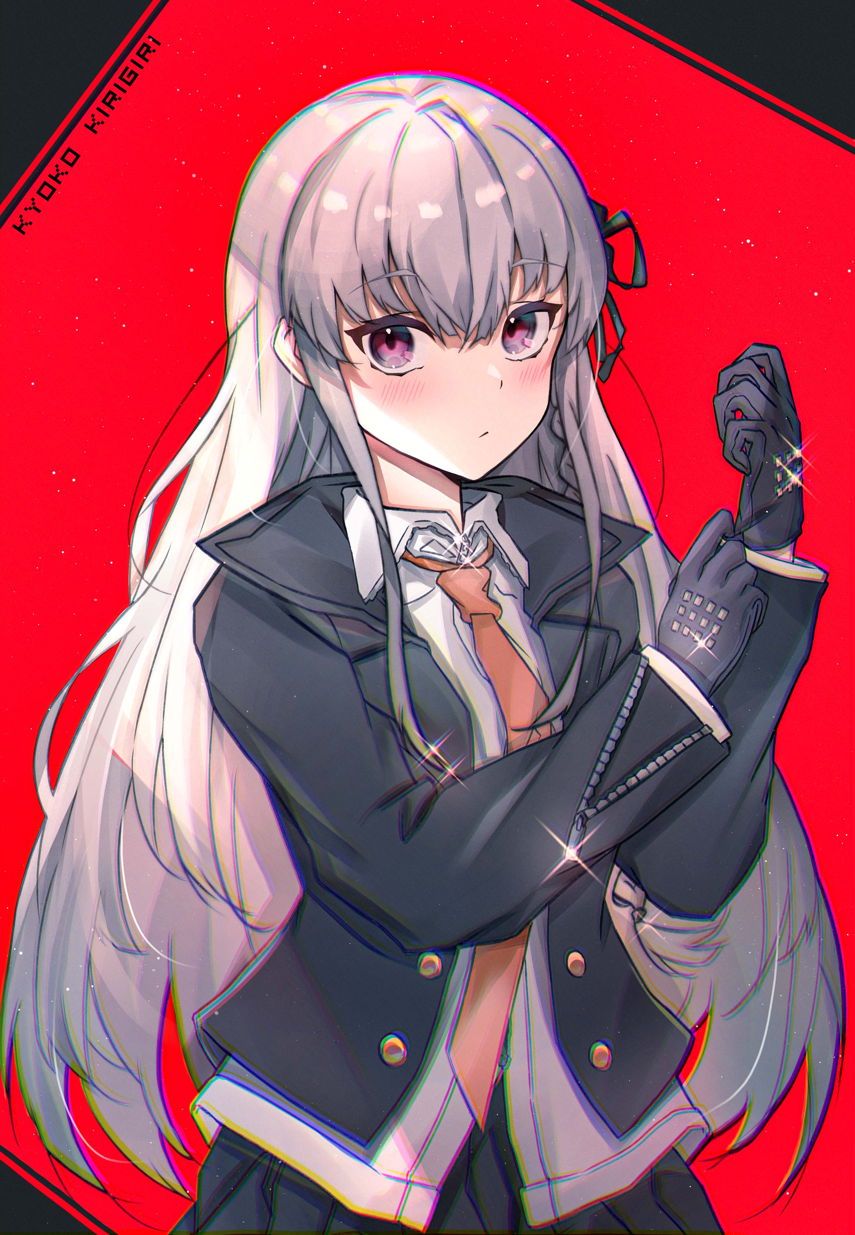 Safebooru - 1girl absurdres adjusting clothes adjusting gloves bangs black background black ...