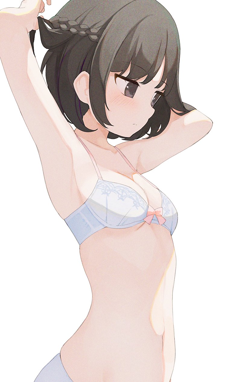 Safebooru - 1girl adjusting hair arm behind head armpits arms up bangs black eyes black hair ...