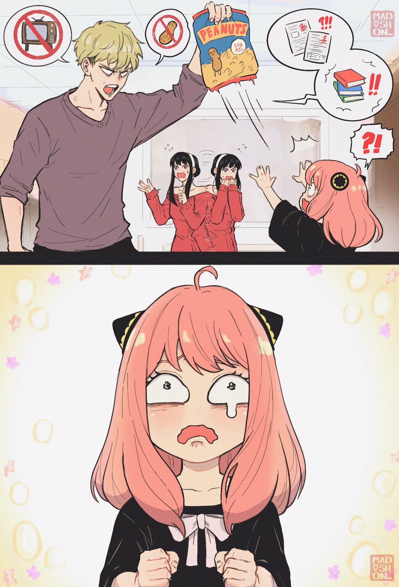 Safebooru - !? 1boy 2girls ahoge angry anya (spy x family) bangs black dress black hair blonde ...