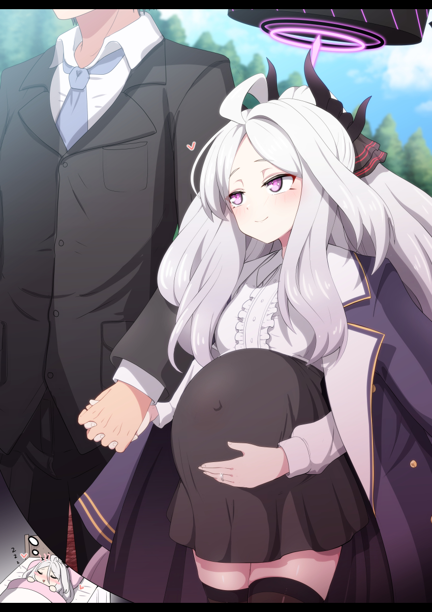 Safebooru - 1boy 1girl bangs bed big belly black legwear black skirt blanket blue archive blue ...