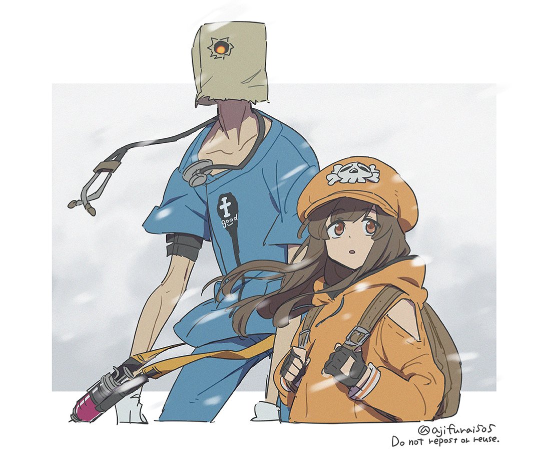 Safebooru - asaya minoru backpack bag bag over head black gloves blue pants blue shirt brown ...