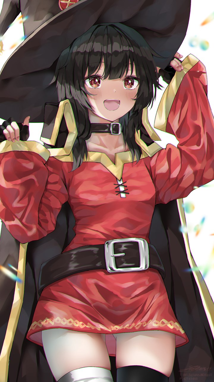 Safebooru - 1girl :d arm up bandaged leg bandages belt belt buckle black choker black gloves ...