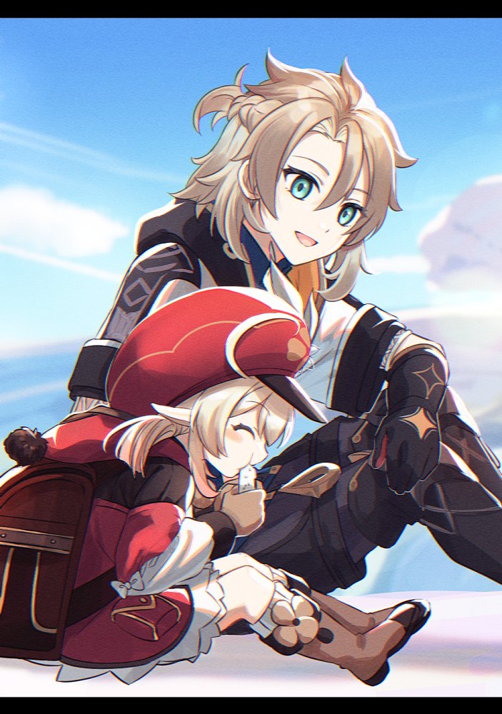 Safebooru - 1boy 1girl ako (zlzdf) albedo (genshin impact) aqua eyes backpack bag bangs black ...