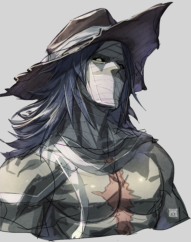 Safebooru - 1boy bandaged head bandaged neck bandages black hair black sclera brown headwear ...