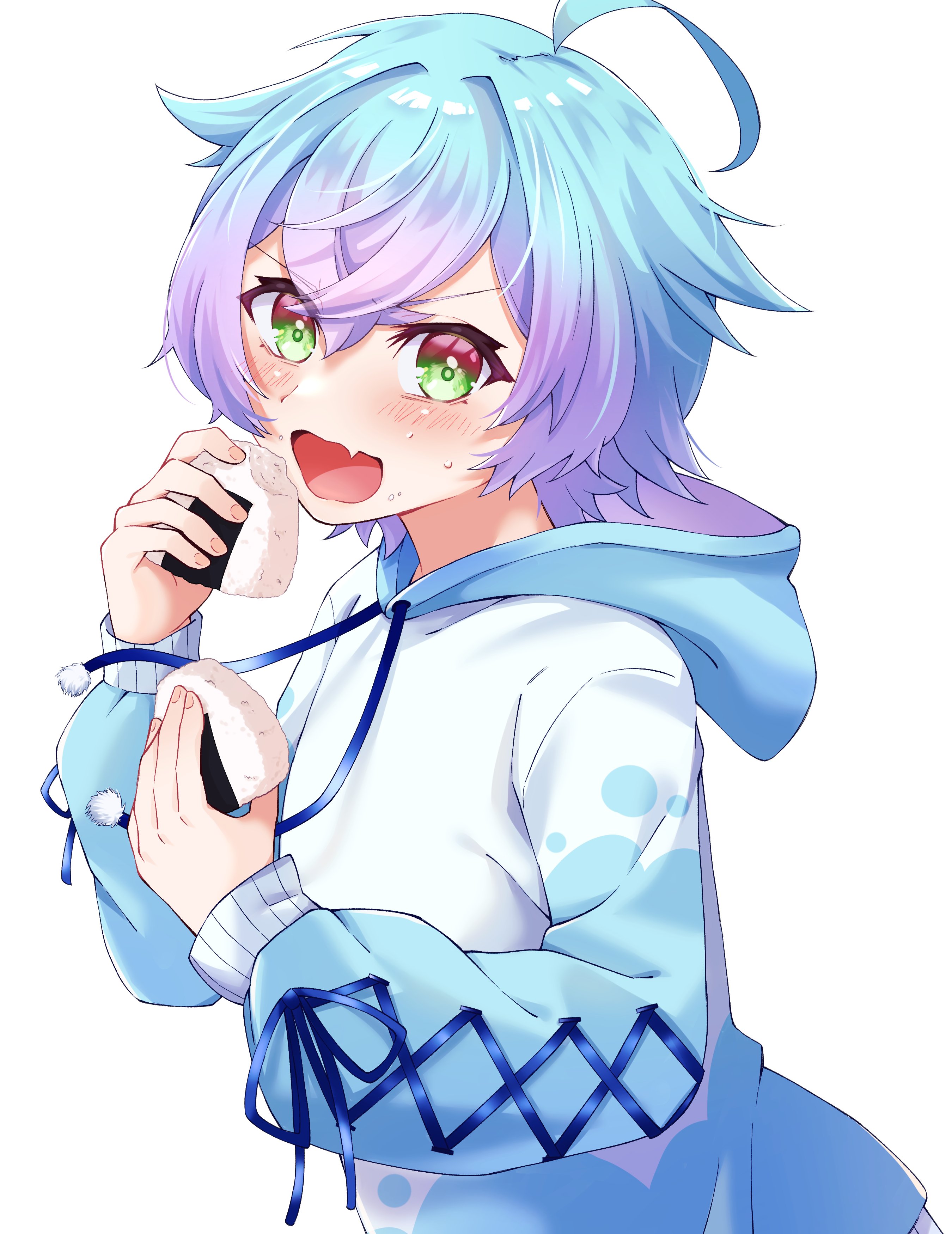 Safebooru - 1boy absurdres artist request blue hair eating food green ...