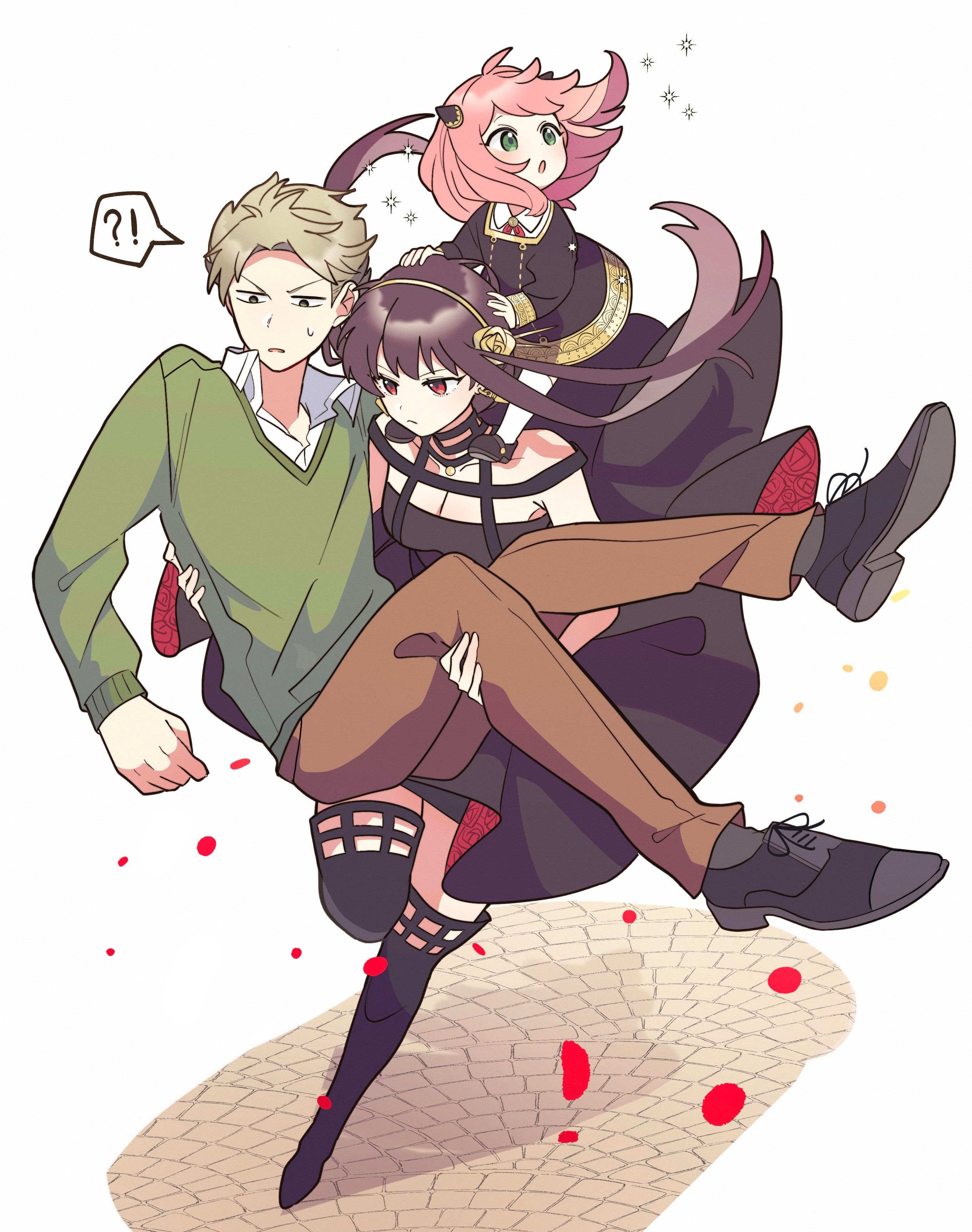 Safebooru - 1boy 2girls absurdres anya (spy x family) black dress black eyes brown pants ...