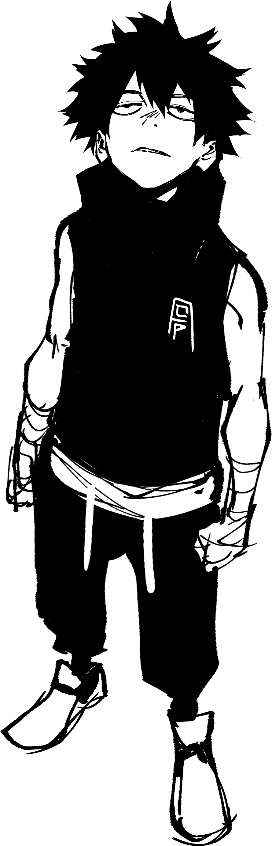 Safebooru - 1boy absurdres bandaged hand bandages grey background greyscale hair between eyes ...