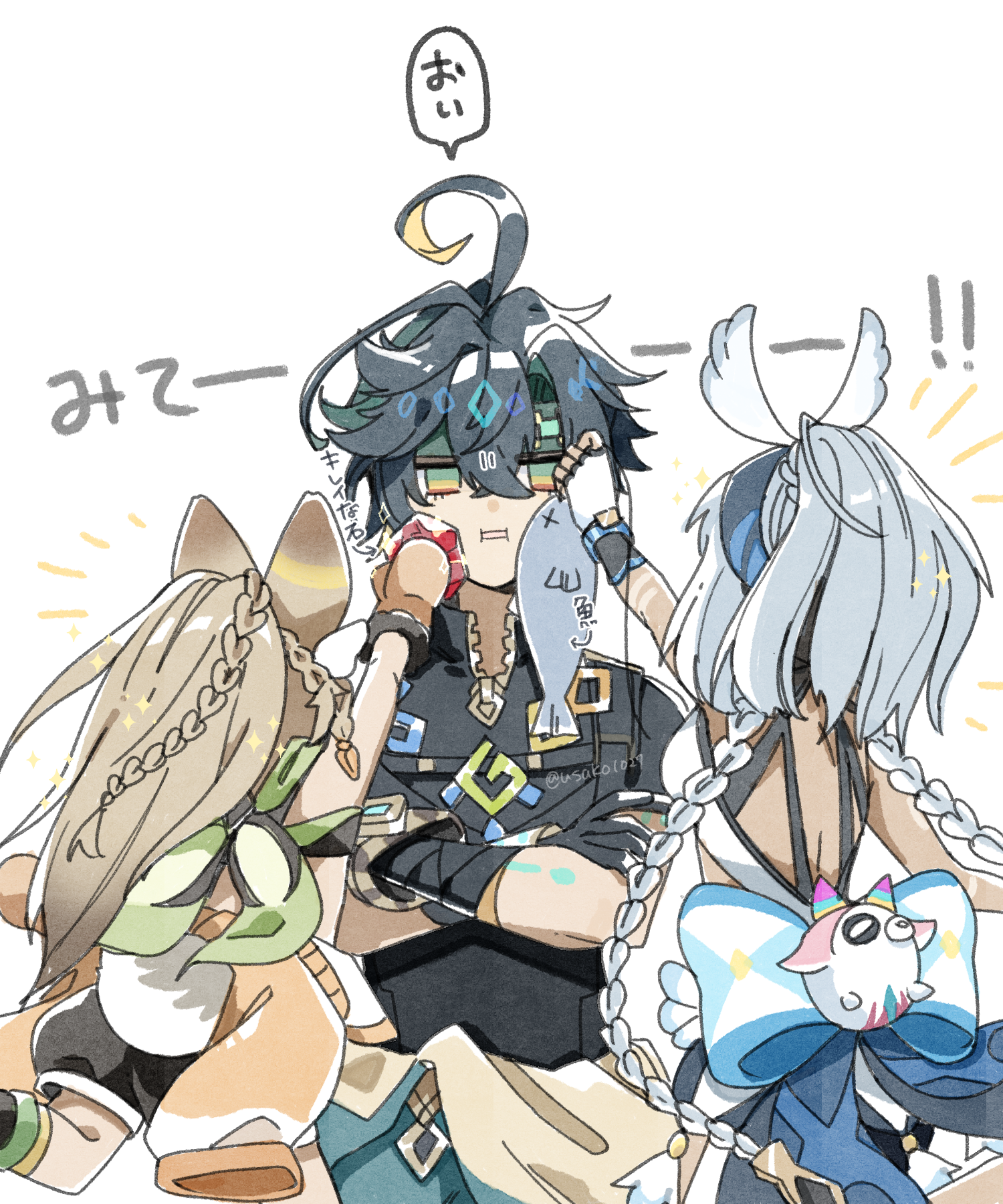 Safebooru - 1boy 2girls animal ears bare shoulders black hair black ...