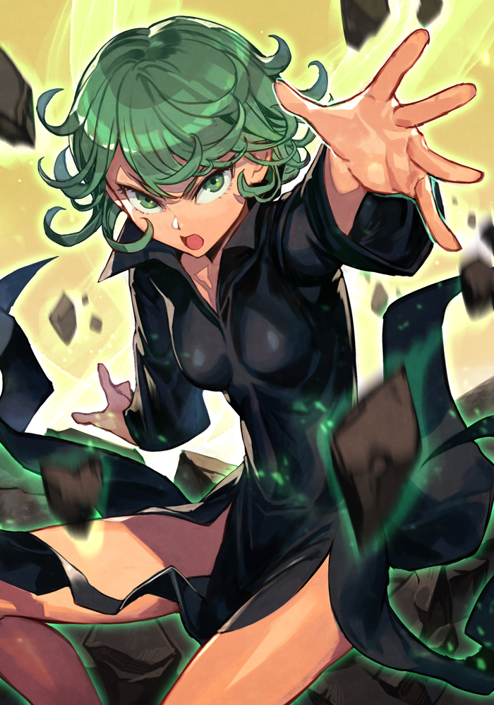 Safebooru - 1girl bangs black dress breasts collared dress curly hair dress floating rock green ...