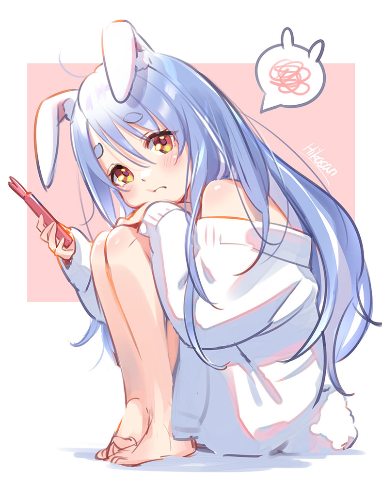 Safebooru - 1girl ahoge animal ear fluff animal ears bangs bare legs barefoot blue hair blush ...