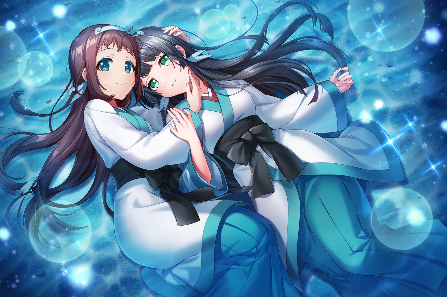 Safebooru - blush d4dj green eyes long hair mukaido manaka purple hair togetsu rei yukata | 4002262