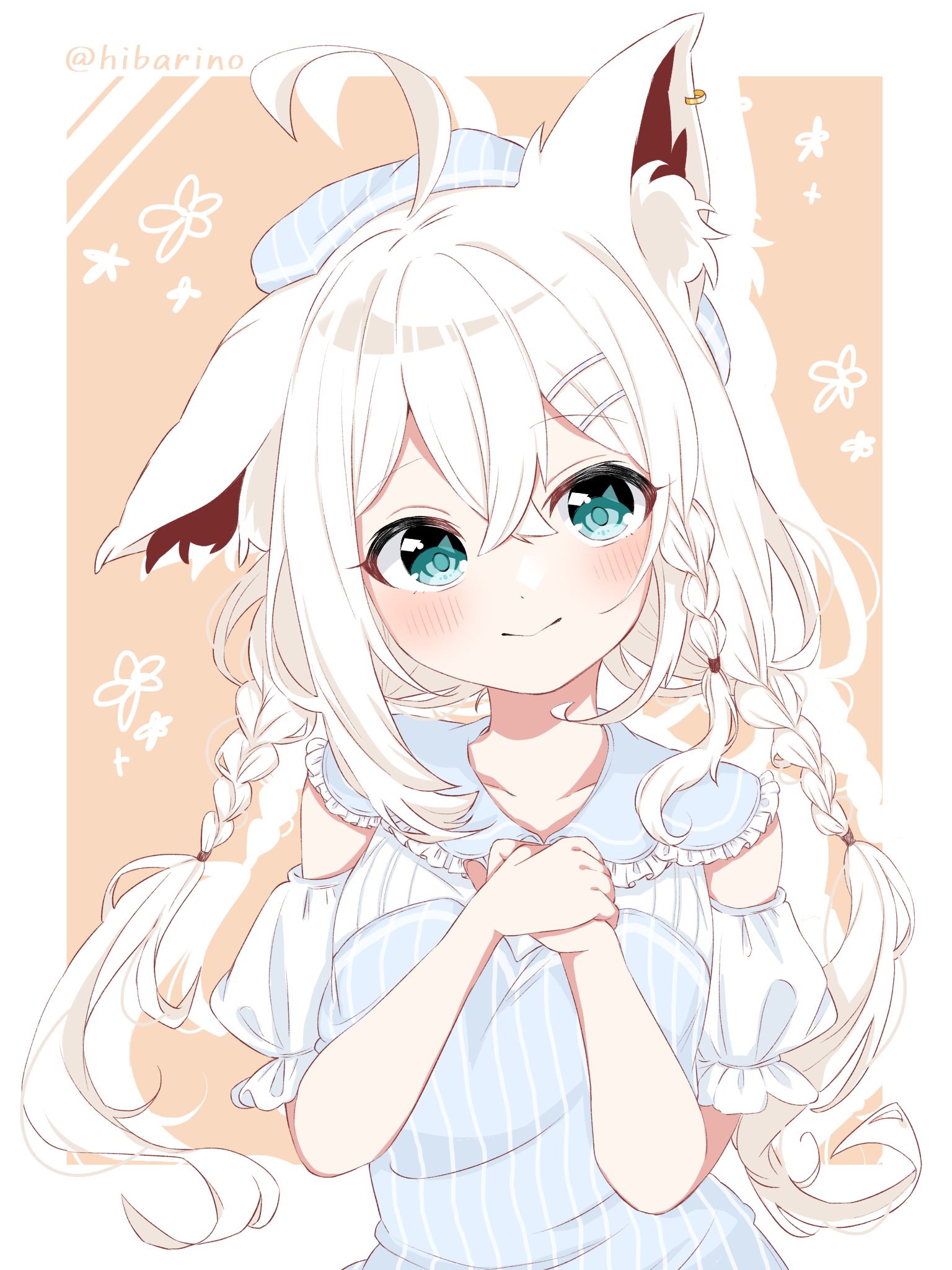 Safebooru - 1girl ahoge animal ear fluff animal ears bangs blue eyes blue headwear blue shirt ...