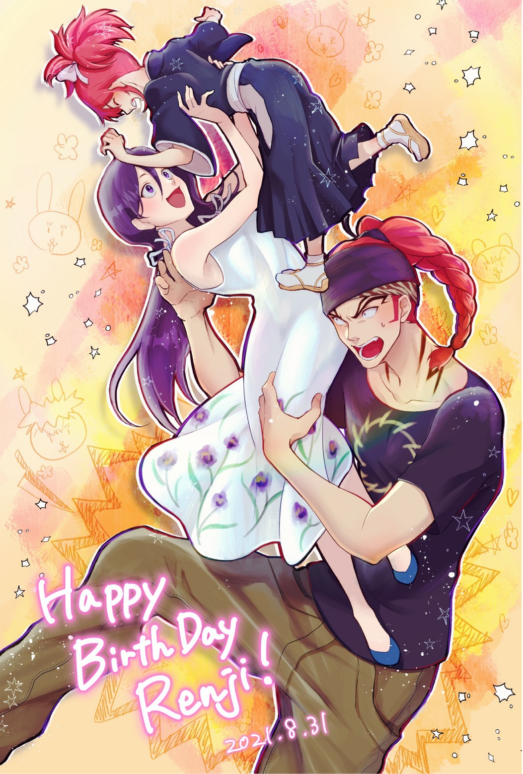 Safebooru - 1boy 2girls abarai ichika abarai renji black hair bleach bow braid brown pants ...