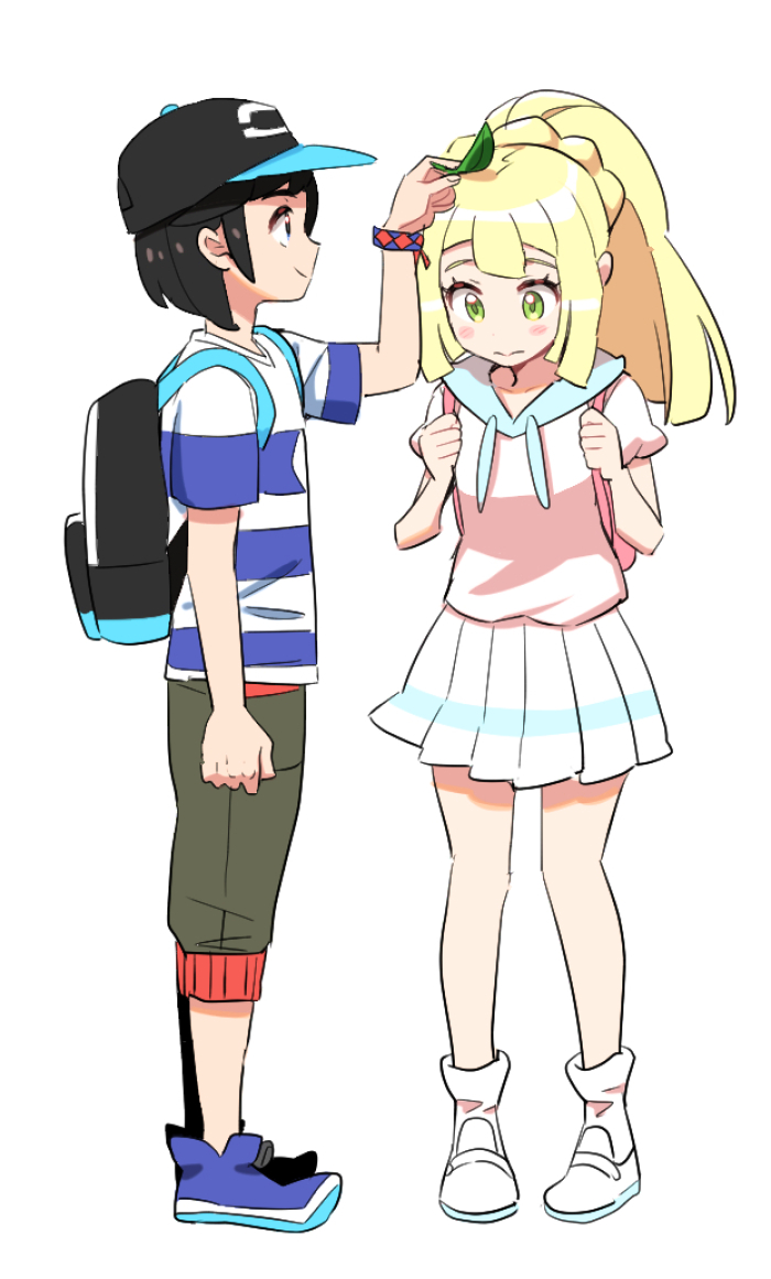 Safebooru - 1boy 1girl backpack bag bangs baseball cap black bag black headwear blonde hair blue ...