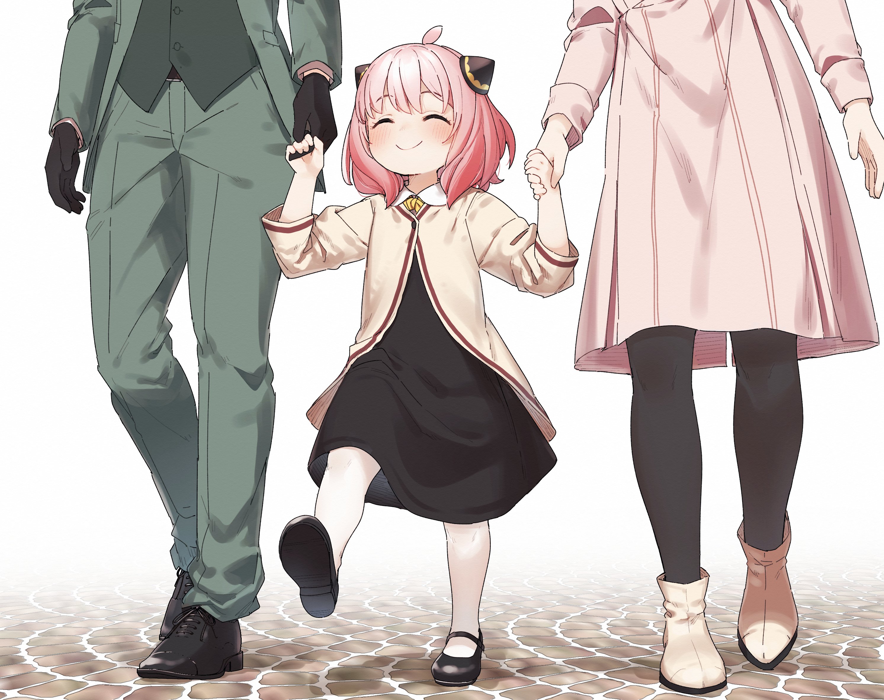 Safebooru - 1boy 2girls ^ ^ anya (spy x family) blush closed eyes formal full body hair cones ...