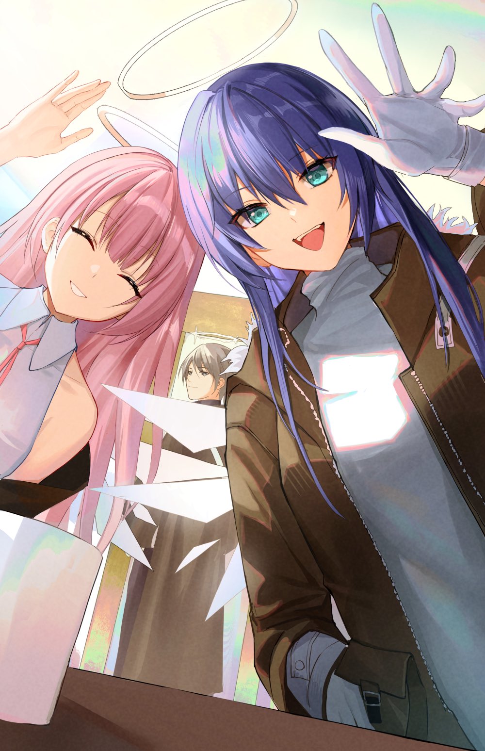 Safebooru - 1boy 2girls alternate costume andoain (arknights) arknights bangs black cloak blue ...