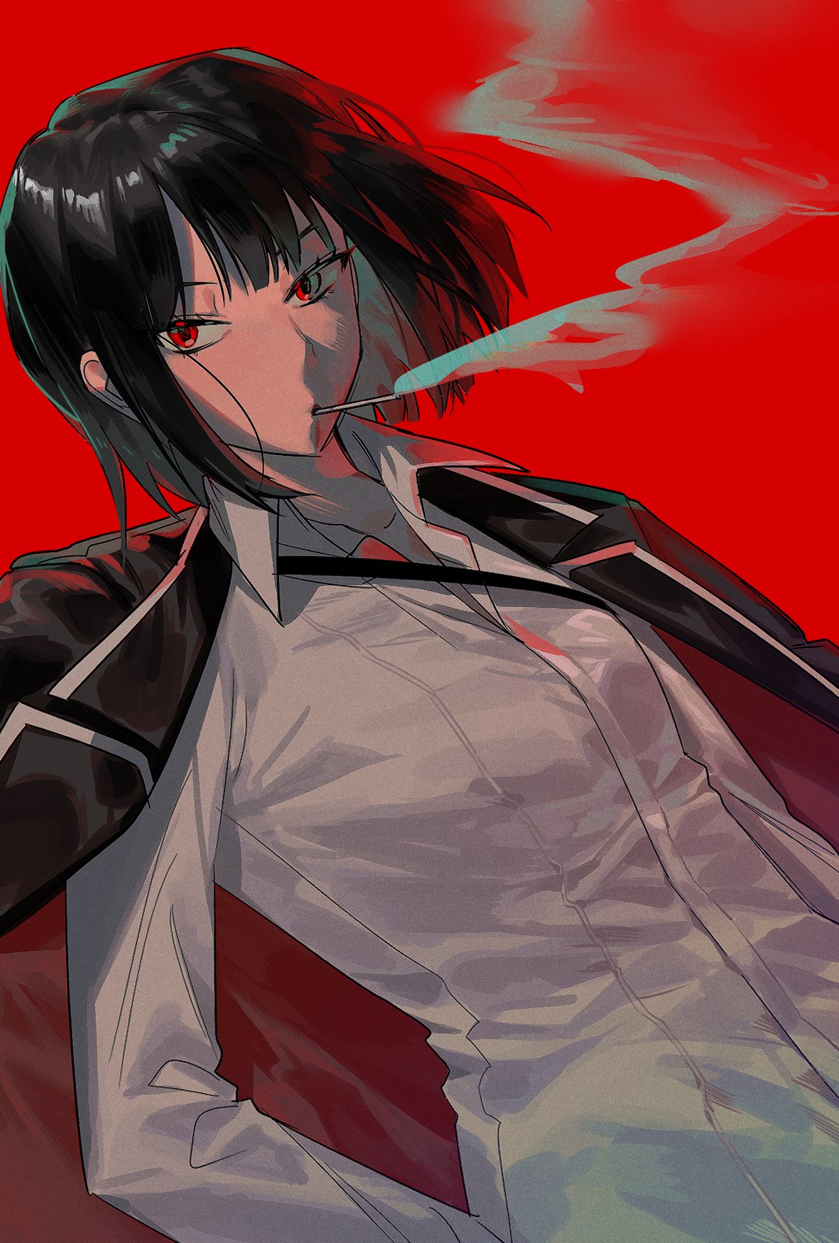 Safebooru - 1girl black hair black jacket coat coat on shoulders formal ...