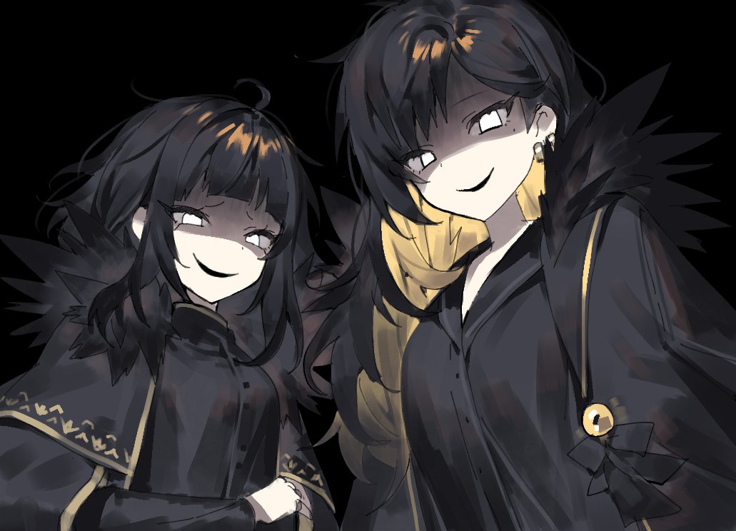 Safebooru - bangs binah (project moon) black background black coat black dress black hair blonde ...