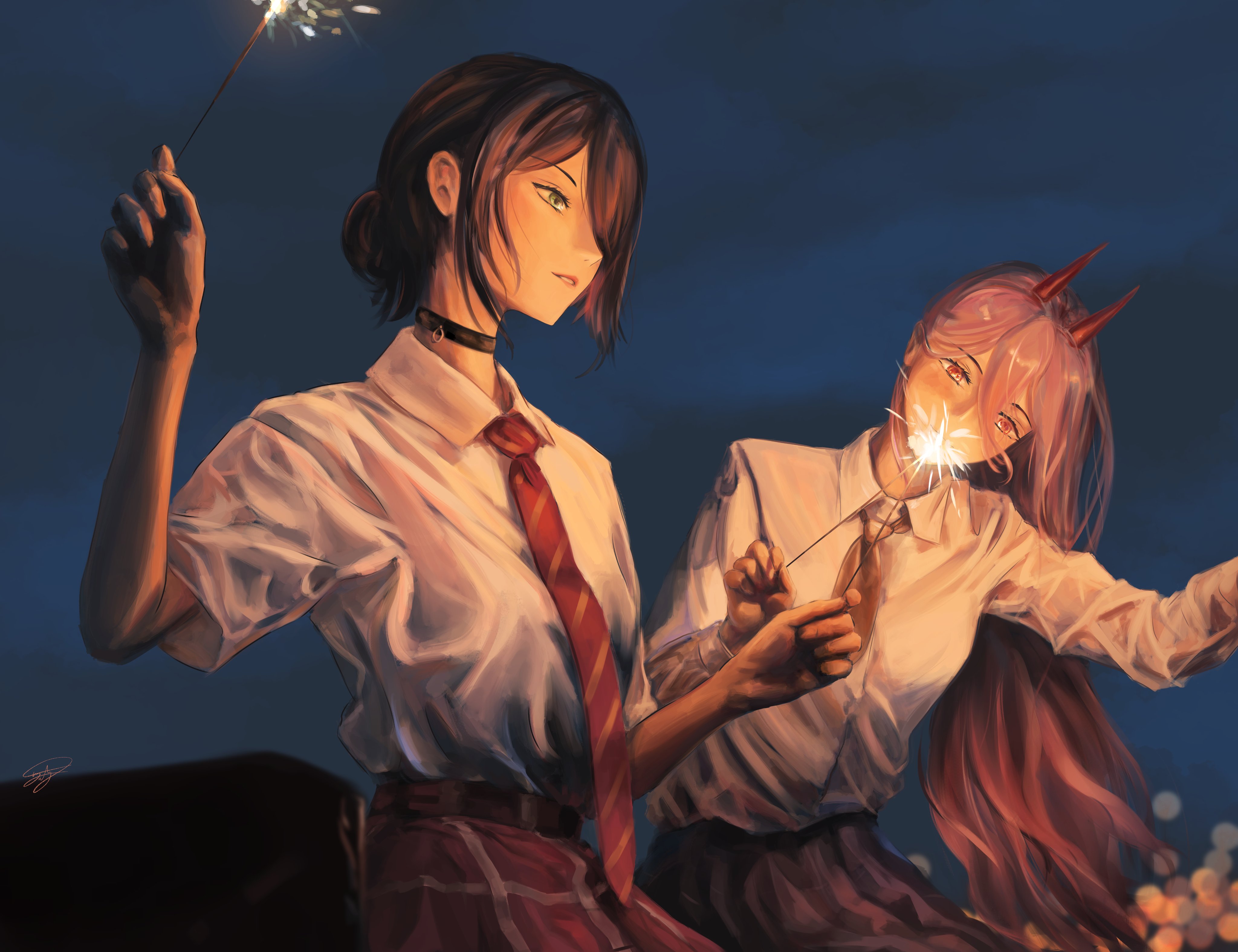 Safebooru - 2girls absurdres black choker black hair breasts chainsaw man choker covered mouth ...