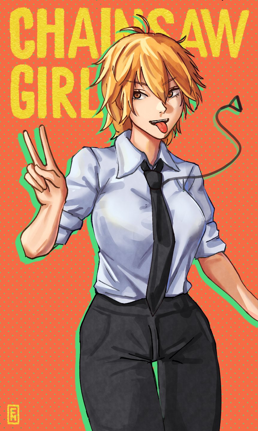 Safebooru - 1girl black necktie black pants blonde hair breasts brown ...