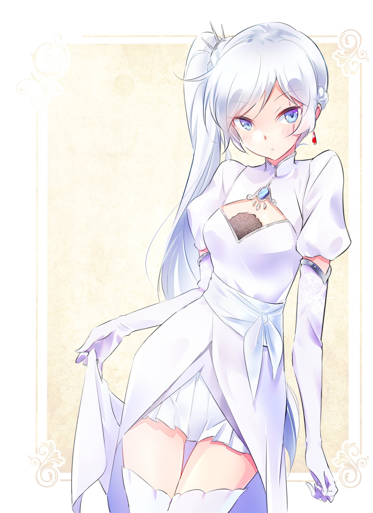 Safebooru - 1girl adapted costume bangs blue eyes blush border breasts cowboy shot dress ...
