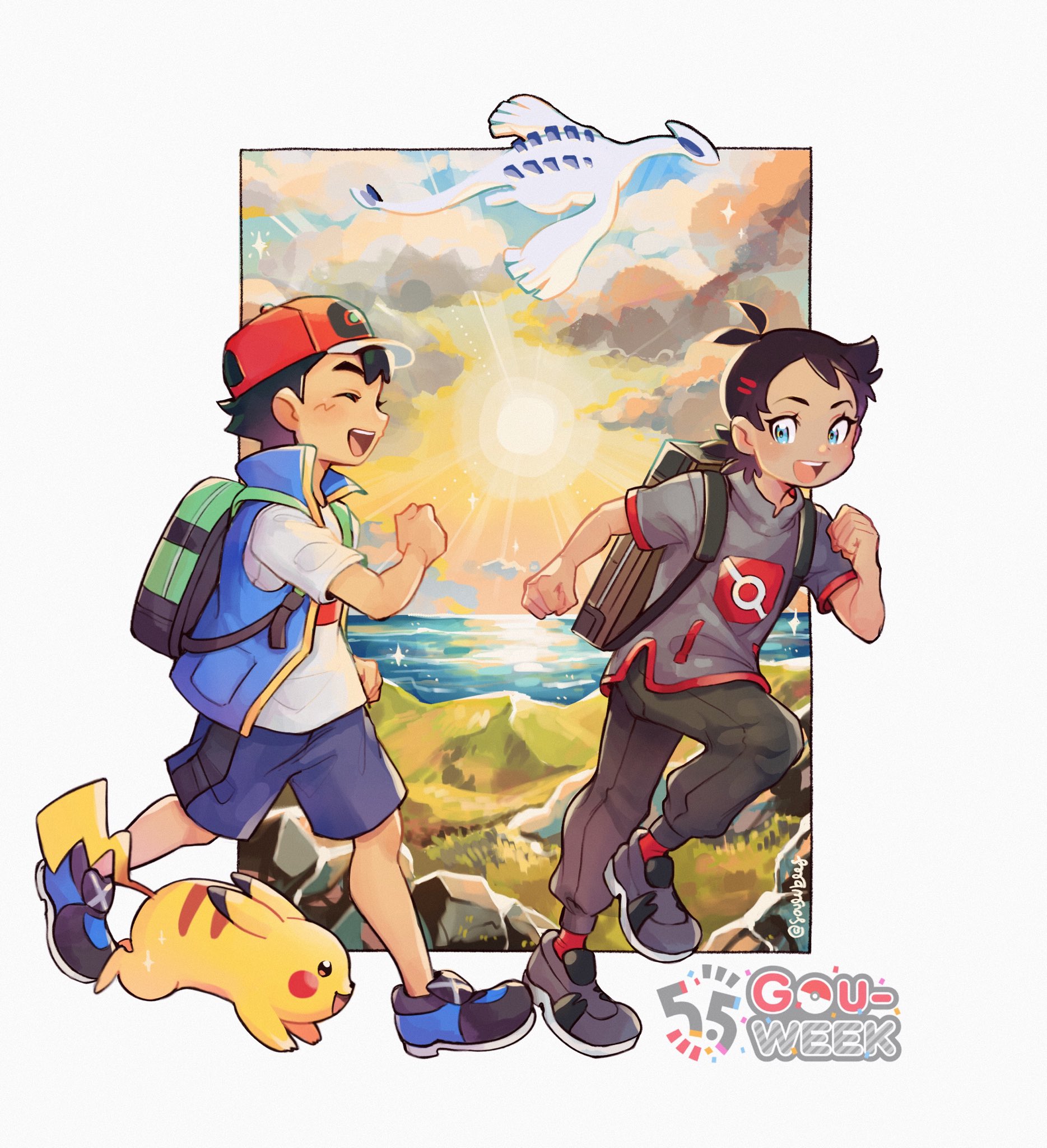 Safebooru - 2boys :d antenna hair ash ketchum backpack bag bangs black ...