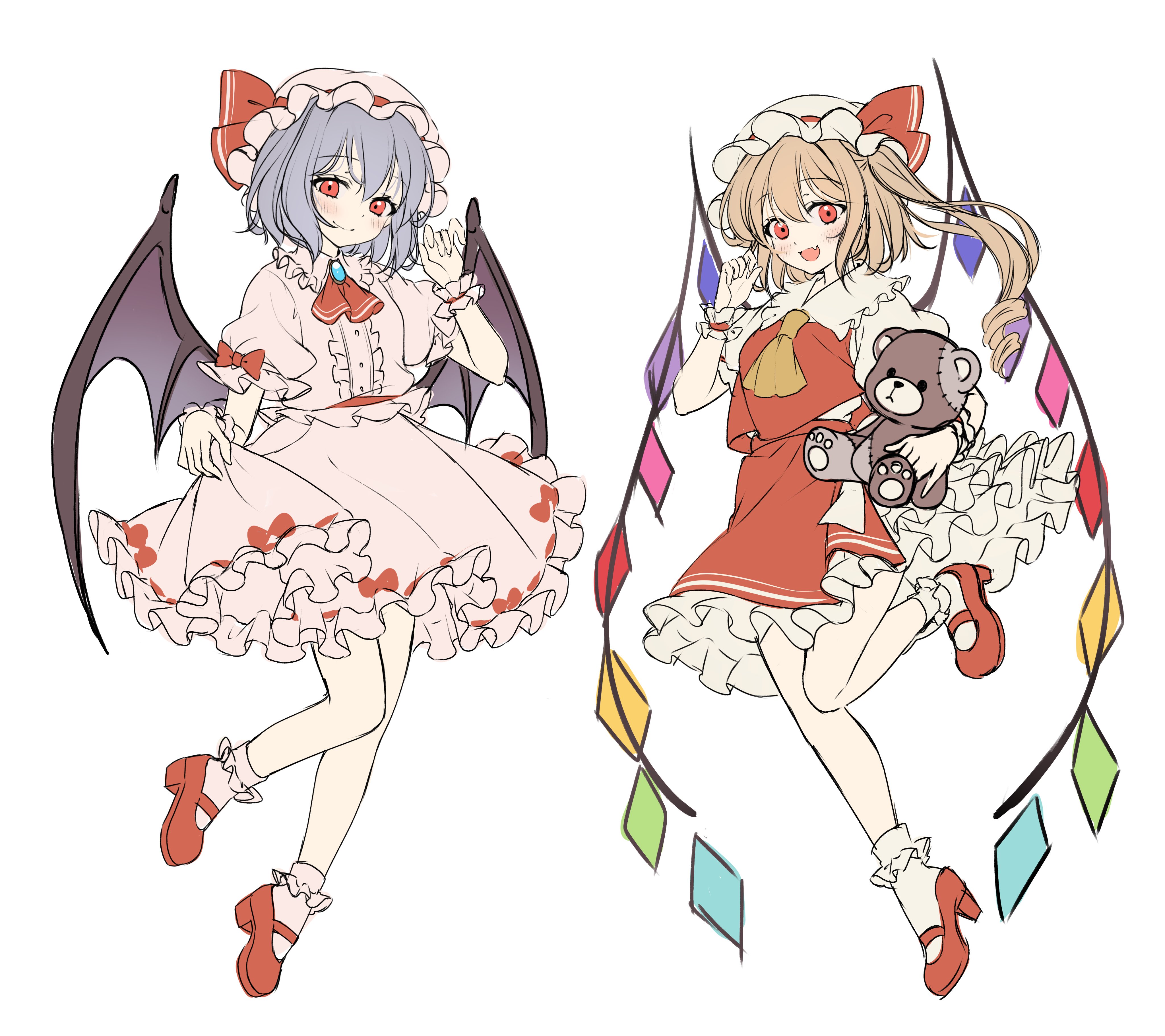 Safebooru - 2girls absurdres arm up ascot bat wings blue brooch bobby socks bow brooch closed ...