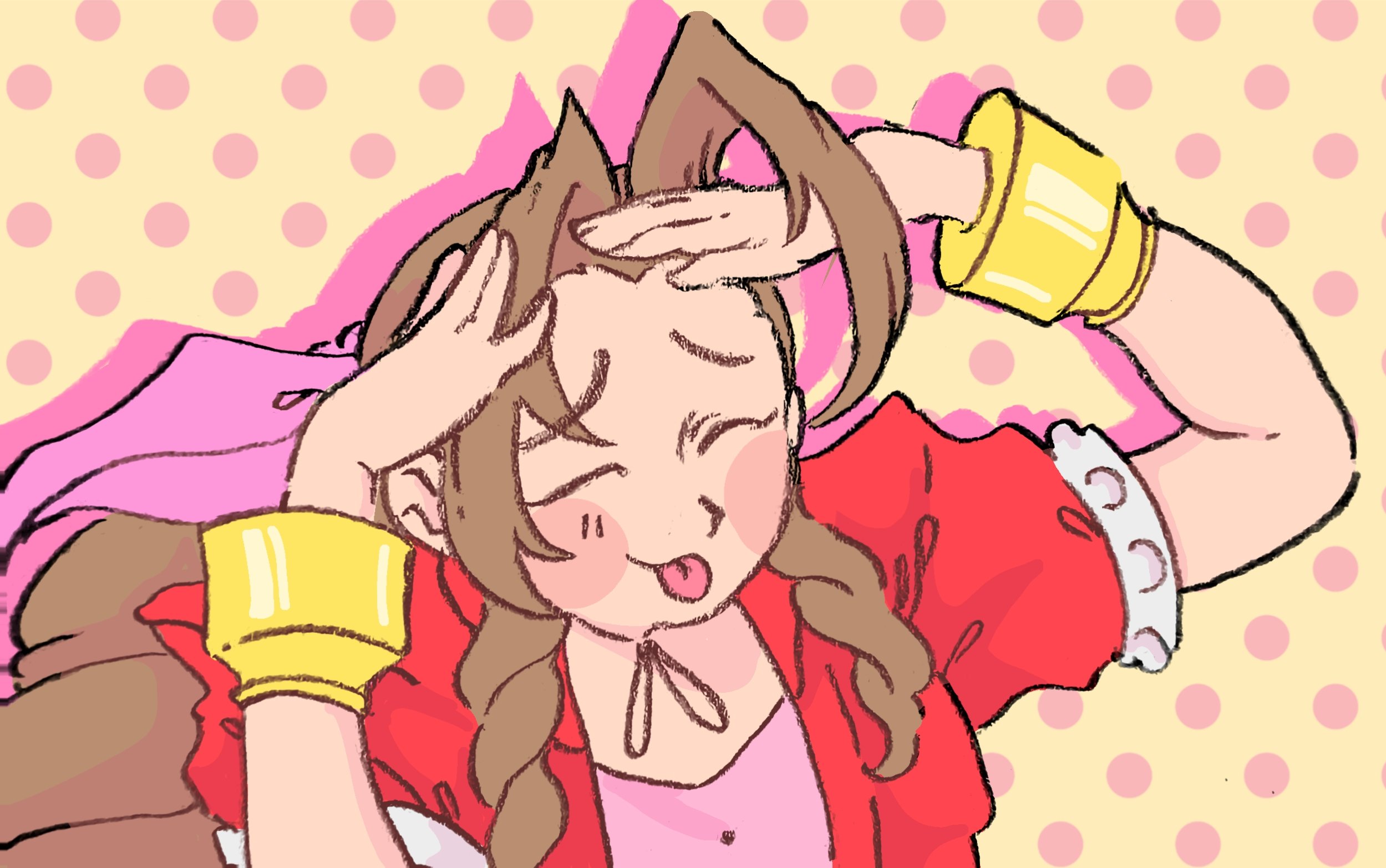 Safebooru - 1girl aerith gainsborough ah eto... bleh (meme) bangle ...
