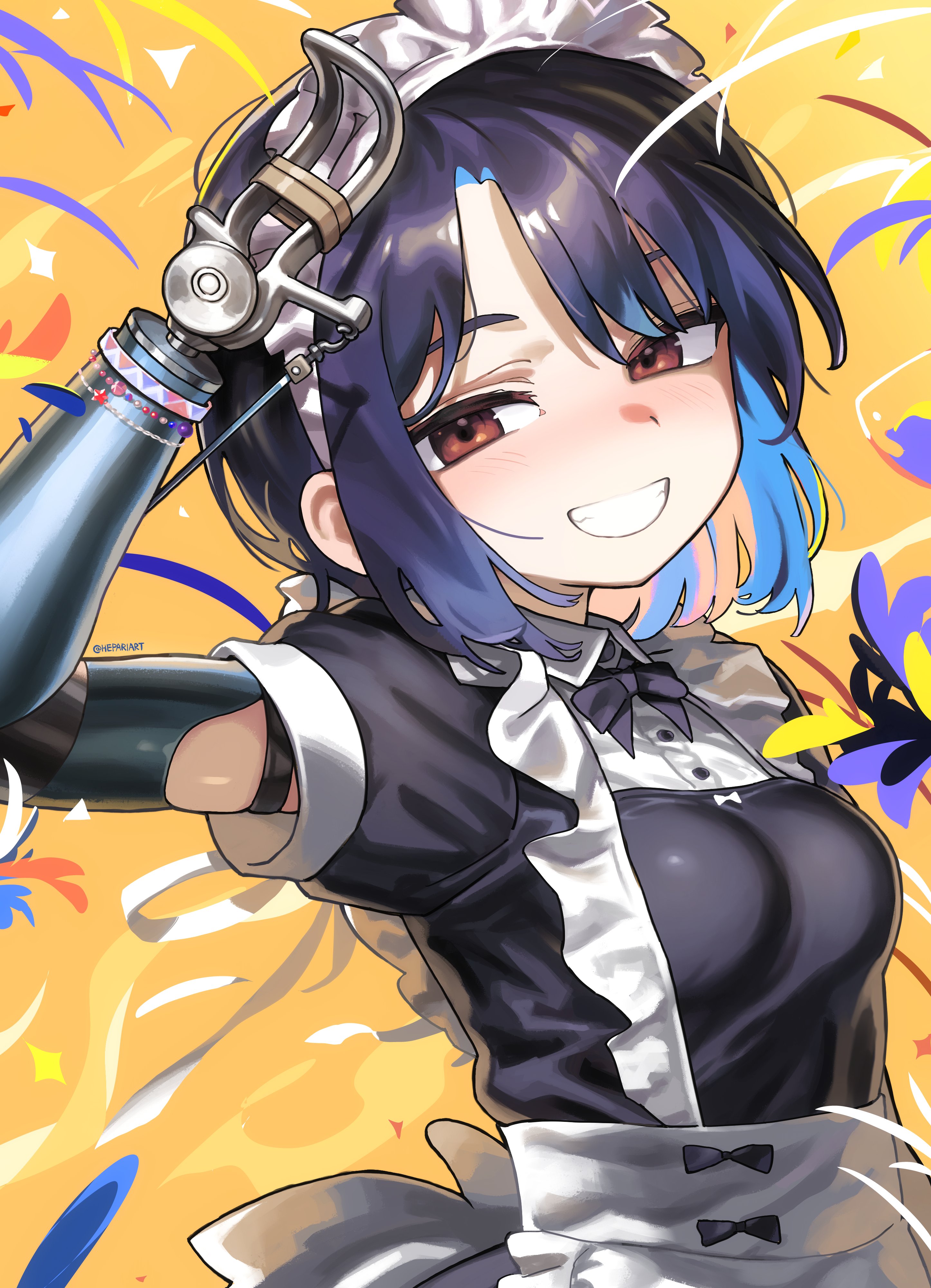 Safebooru - 1girl absurdres amputee apron black hair blue hair bracelet breasts brown eyes ...