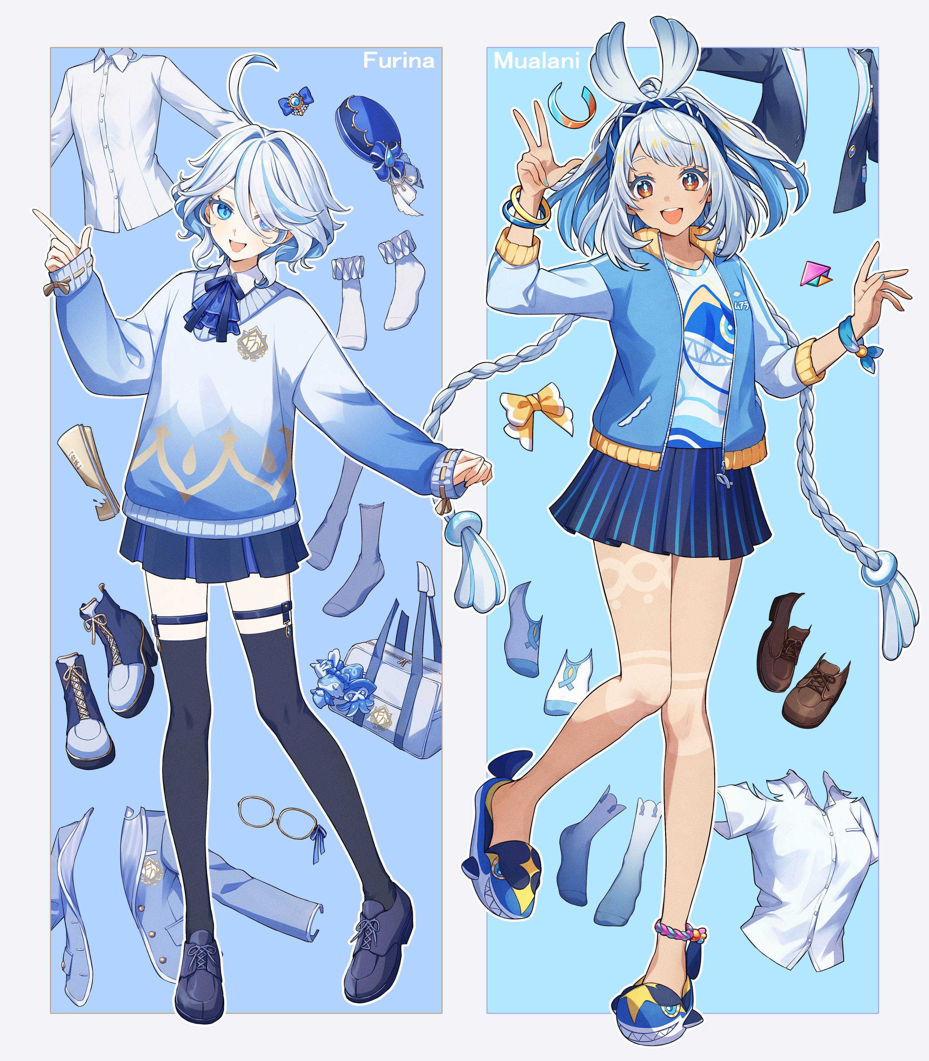 Safebooru - 2girls absurdres alternate costume aoiro oto bag black thighhighs blue eyes blue ...