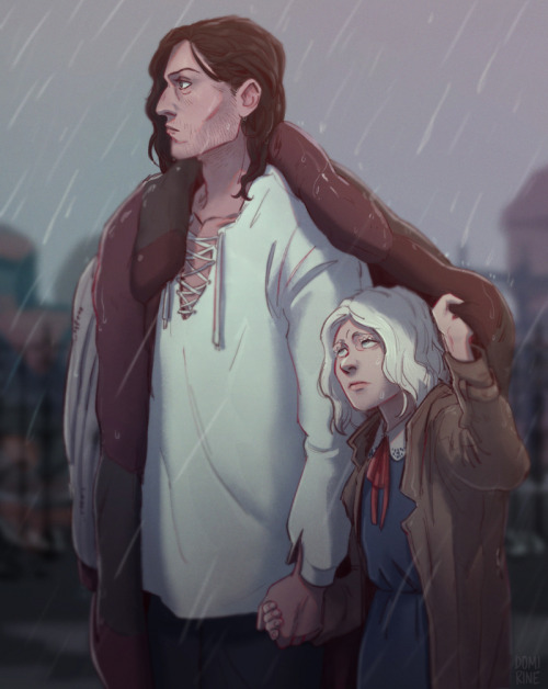 Safebooru - 1girl 1man blue dress brown hair brown jacket domirine grace (pathologic) holding ...
