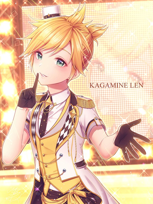 Safebooru - 1boy blonde hair gloves green eyes hat hinata mizuiro kagamine len male focus mini ...