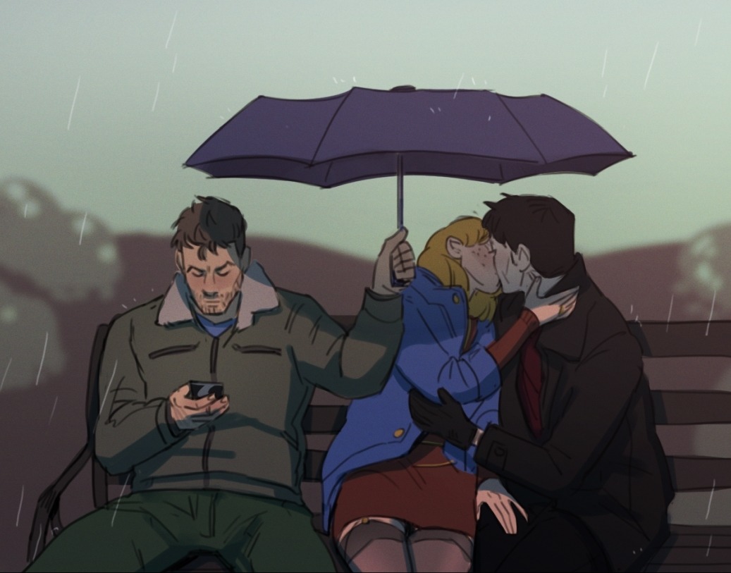 Safebooru - 1woman 2men artemy burakh bachelor bench black gloves black ...