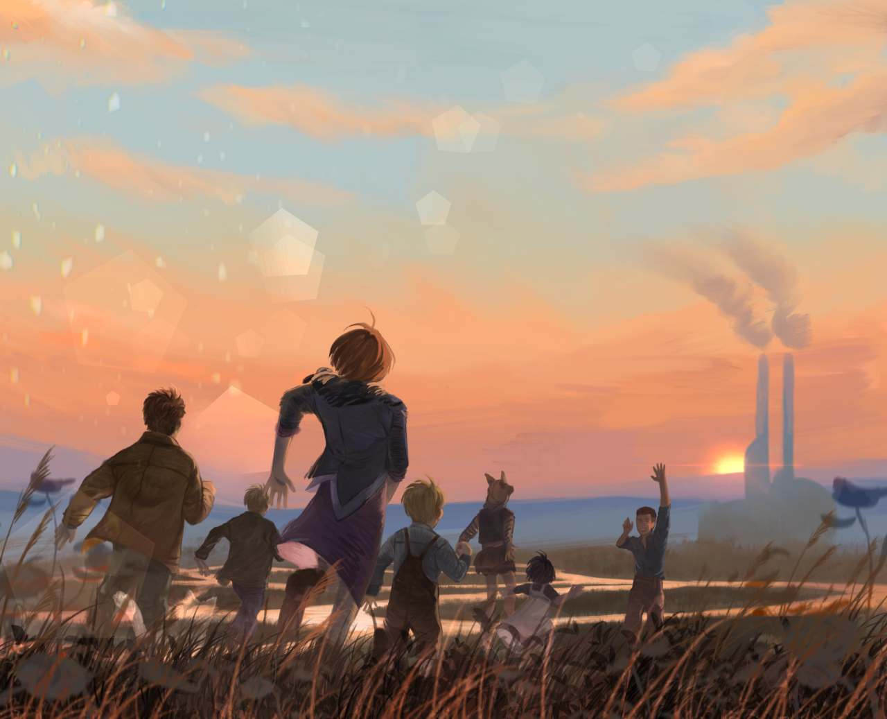 Safebooru - 3girls 4boys animal mask capella clouds doghead dusk ...