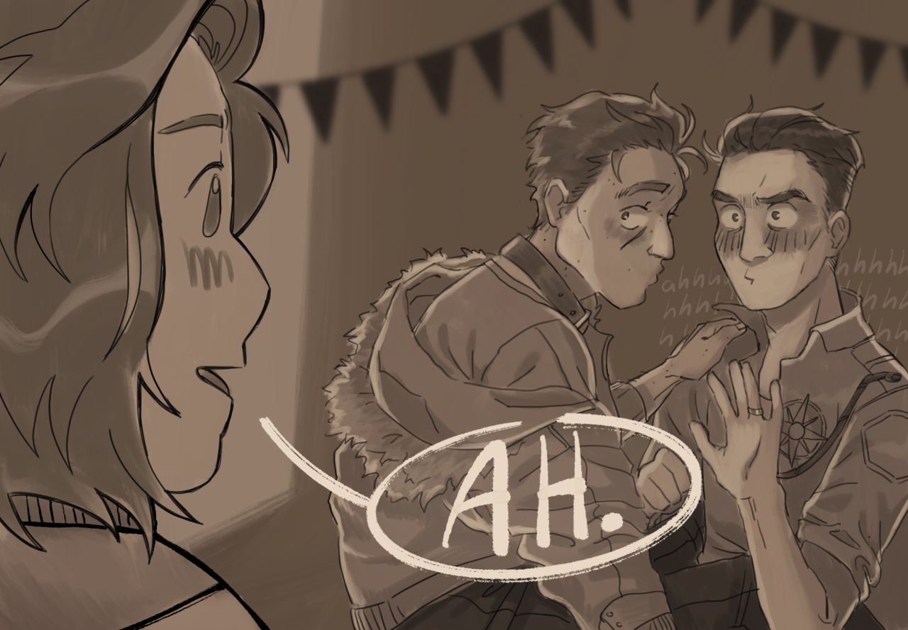 Safebooru - 1girl 2boys blush bunting capella collar freckles greyscale interrupted khan ...