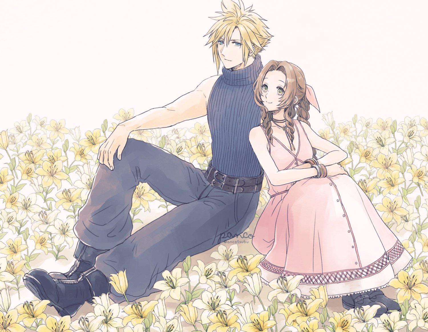 Safebooru - 1boy 1girl aerith gainsborough ancotsubu armor removed asymmetrical hair baggy pants ...