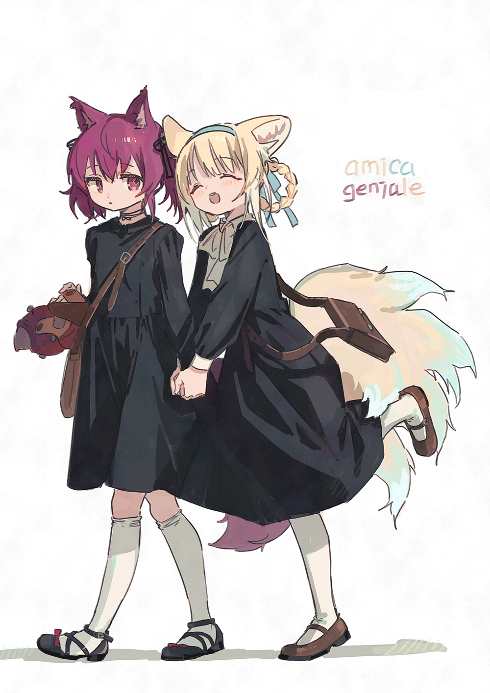 Safebooru - 2girls animal ear fluff animal ears arknights bag black dress black footwear blonde ...