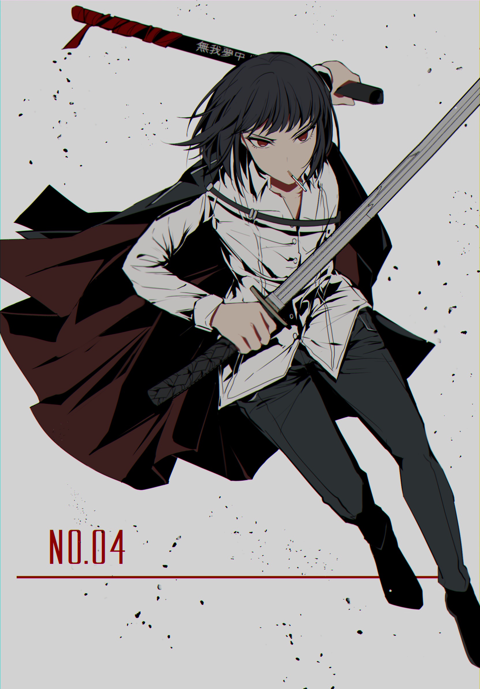 Safebooru - bangs black footwear black hair cigarette coat coat on ...