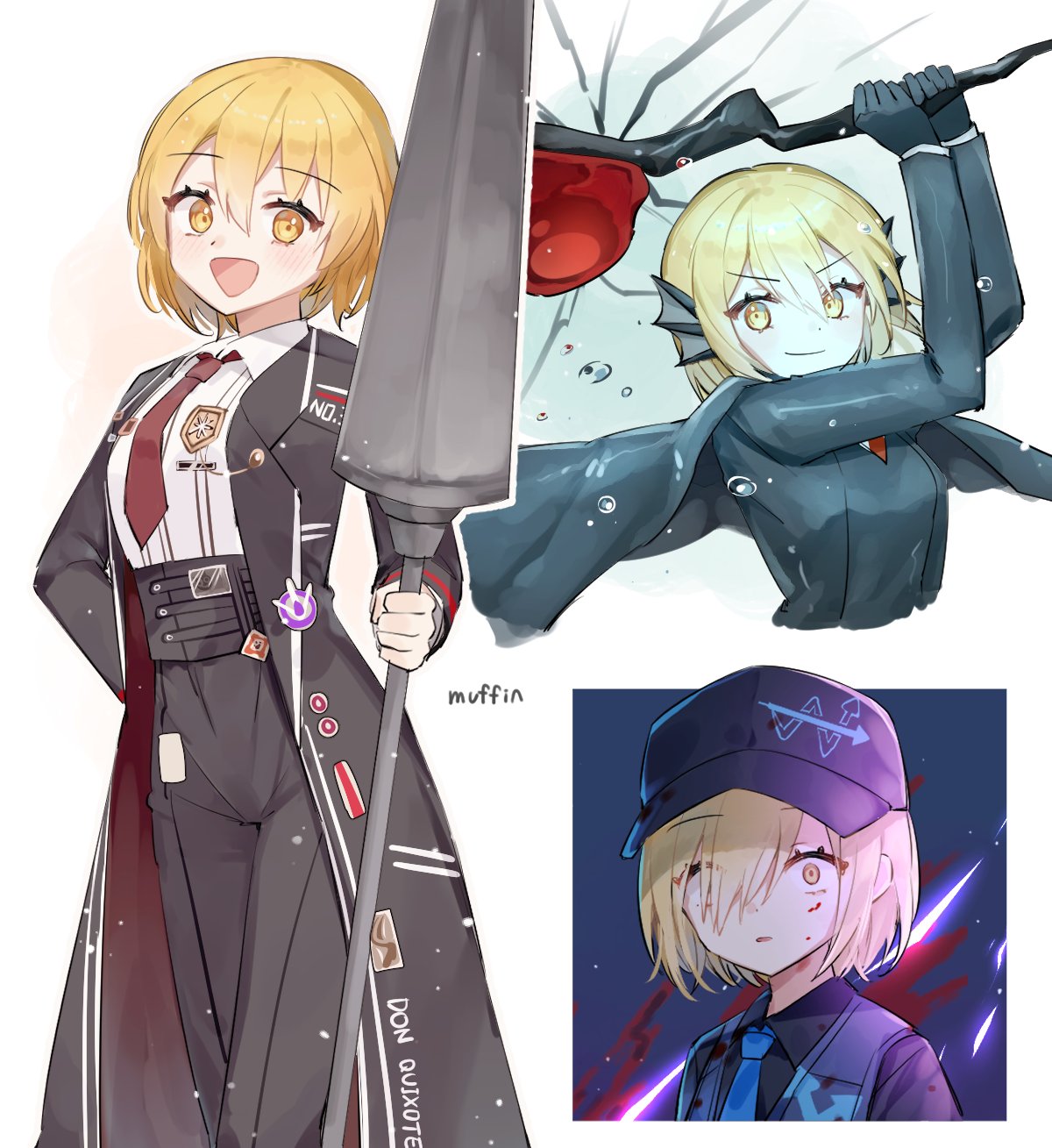 Safebooru - 1girl bangs black jacket black pants blonde hair blood blood on face blue necktie ...