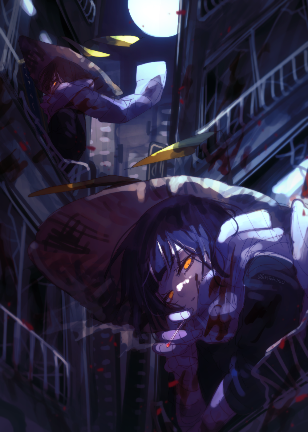 Safebooru - 2girls backlighting blood city cowboy shot from below full ...