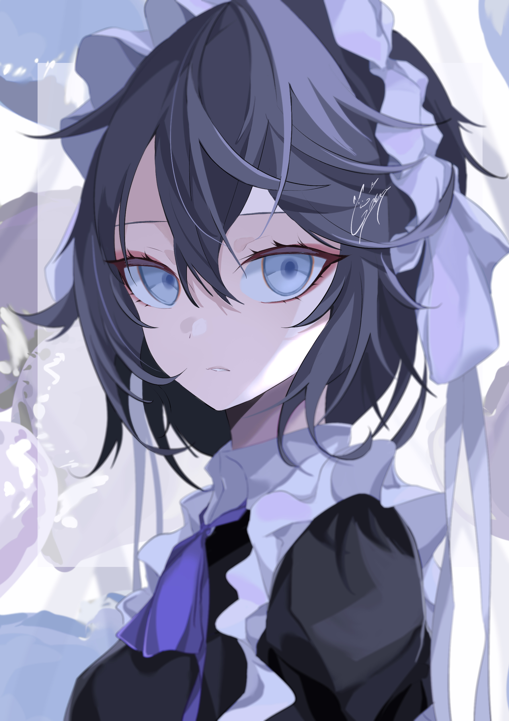 Safebooru - 1girl absurdres apron bangs black hair blue bow blue bowtie bow bowtie closed mouth ...