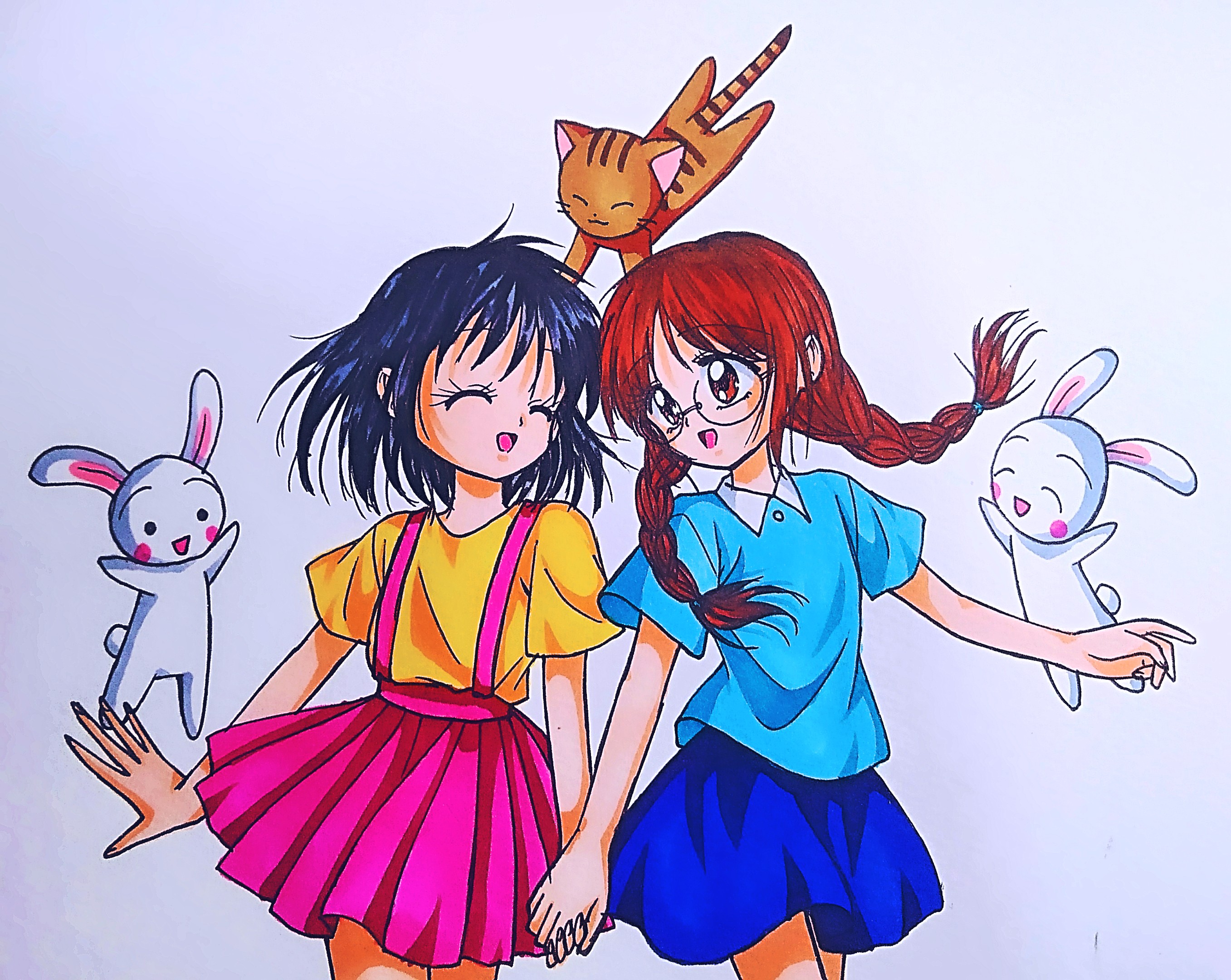 Safebooru - 2girls blue shirt blue skirt braid chibi maruko-chan cowboy ...