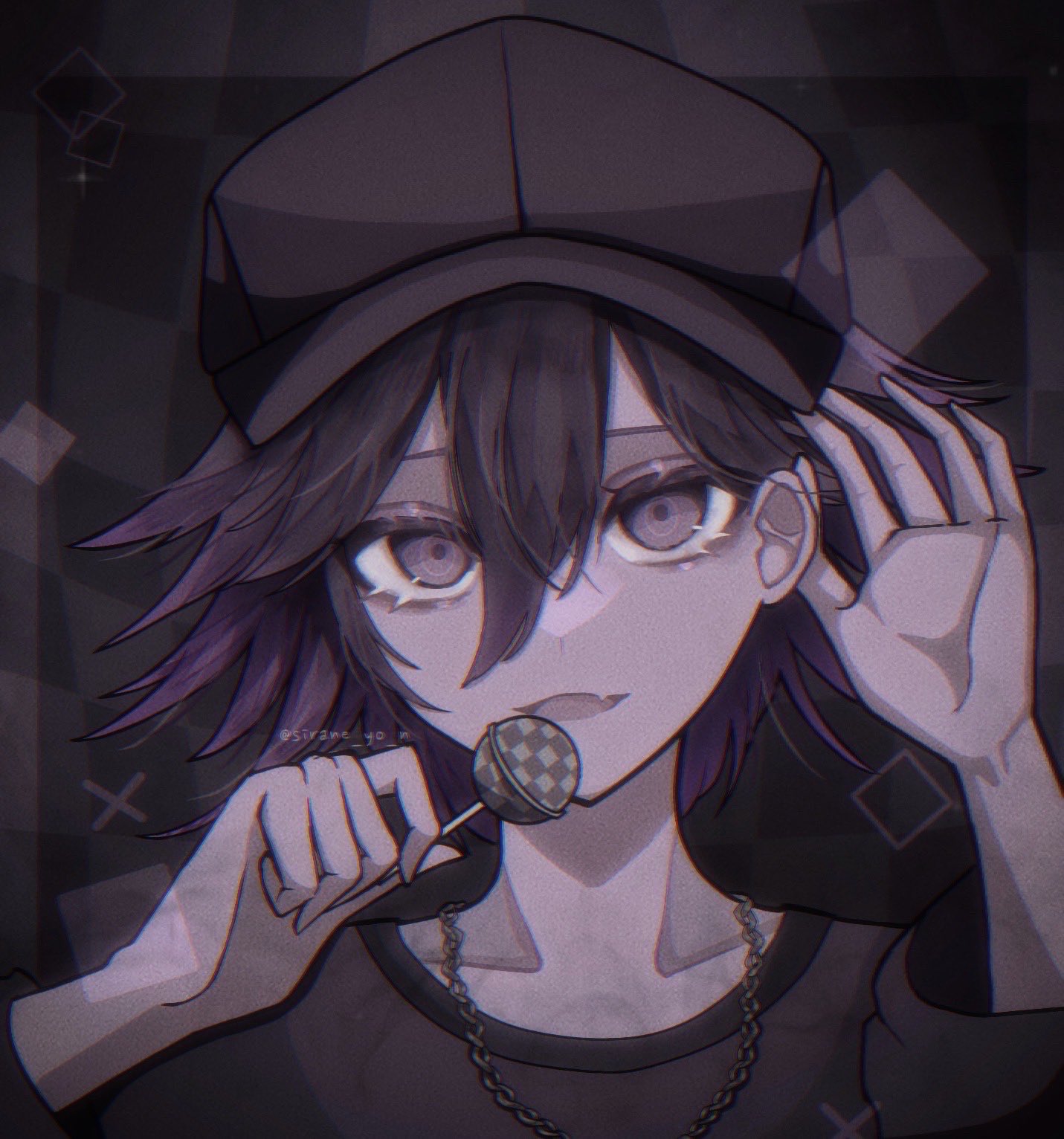 Safebooru - 1boy baseball cap bishounen black background black hair black shirt candy chain ...