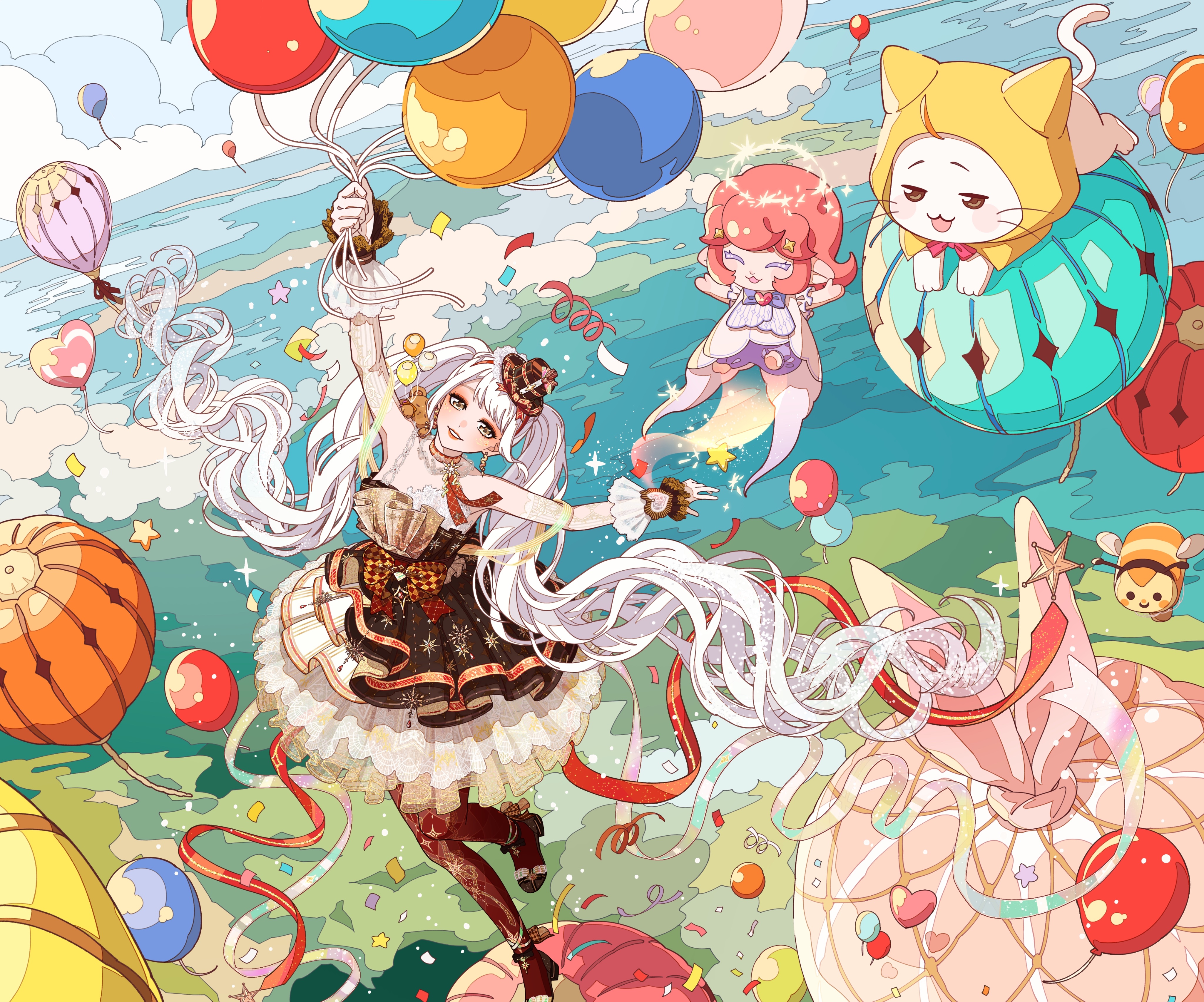 Safebooru - 1girl ^ ^ absurdly long hair absurdres ahoge aircraft animal balloon bare shoulders ...