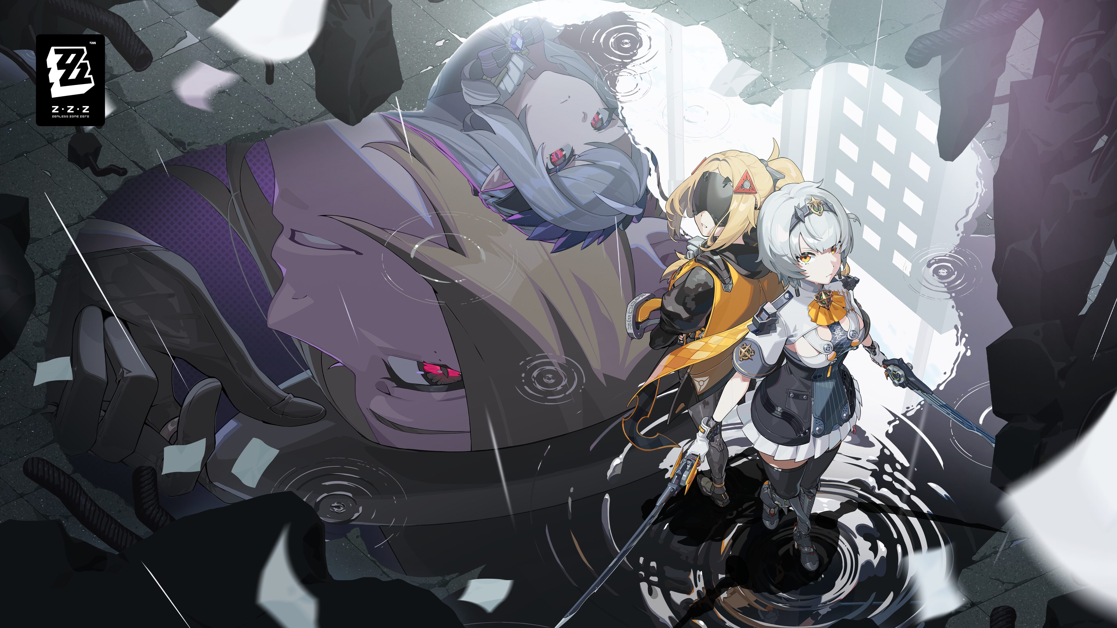 Safebooru - 1boy 3girls absurdres anby demara anby demara (silver soldier) back-to-back black ...