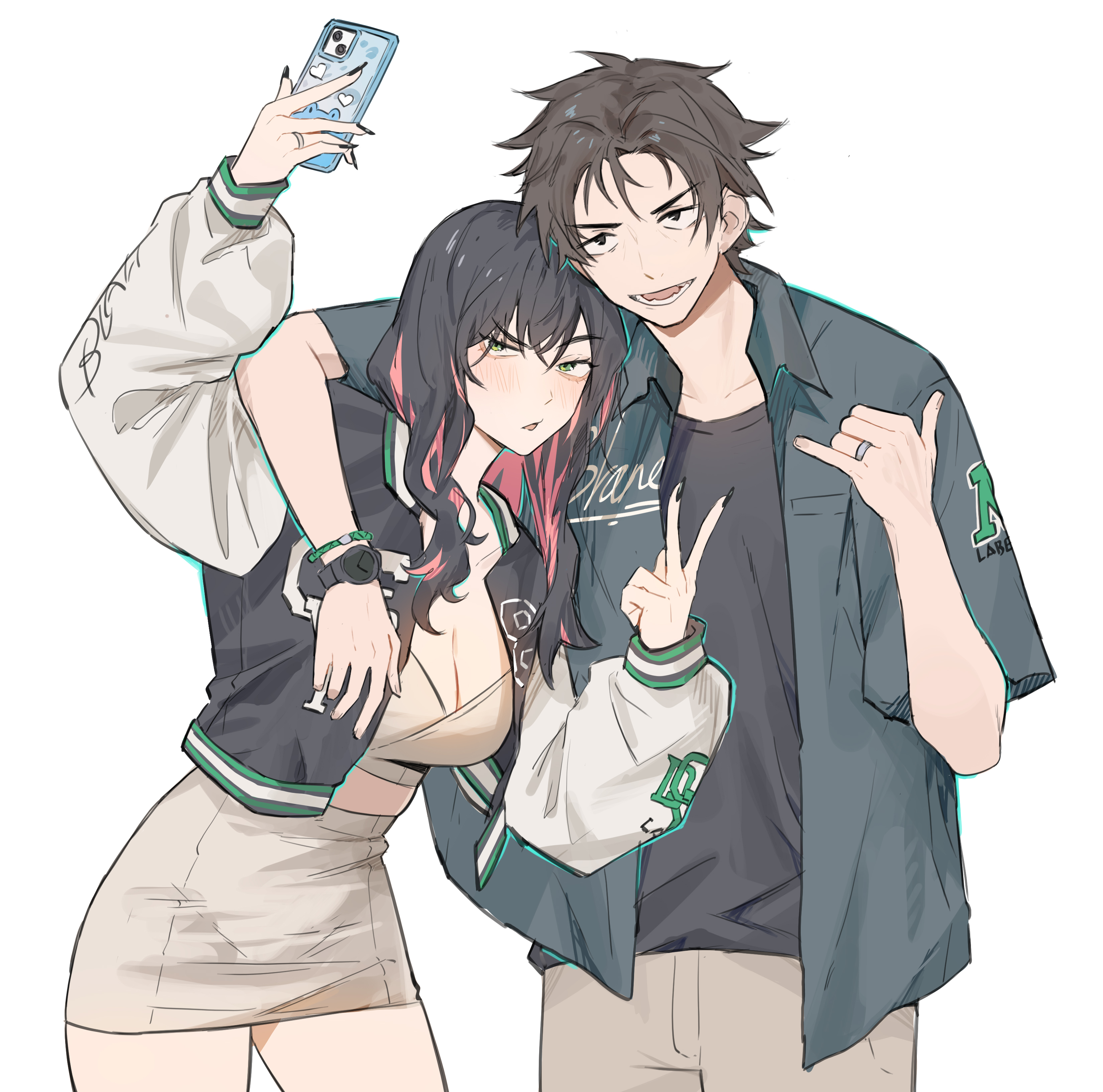 Safebooru - 1boy 1girl absurdres arm around neck black eyes black hair black jacket black nails ...