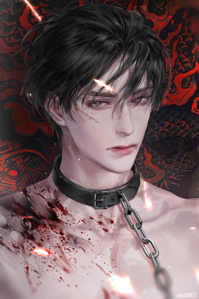 Safebooru - 1boy architecture black background black eyes black hair blood blood on chest blood ...